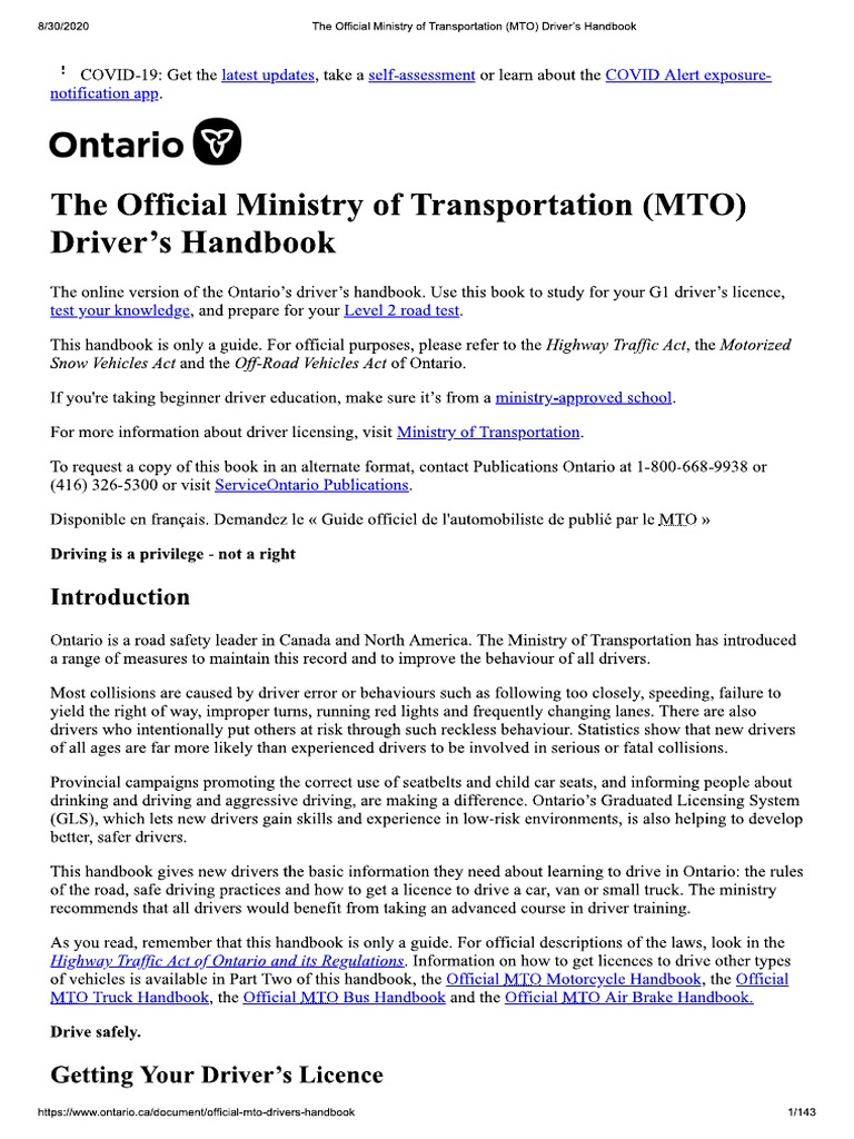 The Official Ministry of Transportation (MTO) Driver's Handbook | PDF