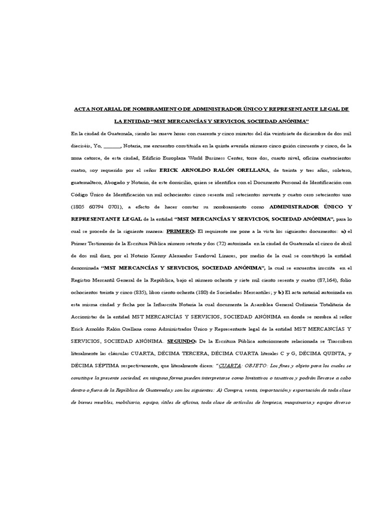 Nombramiento Administrador Unico MST S.A | PDF | Patentar | Junta Directiva
