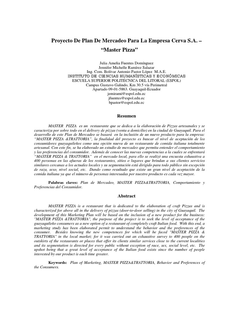 Proyecto de Plan de Mercadeo para La Empresa Cerva S.A. - "Master Pizza" | PDF | Marketing ...