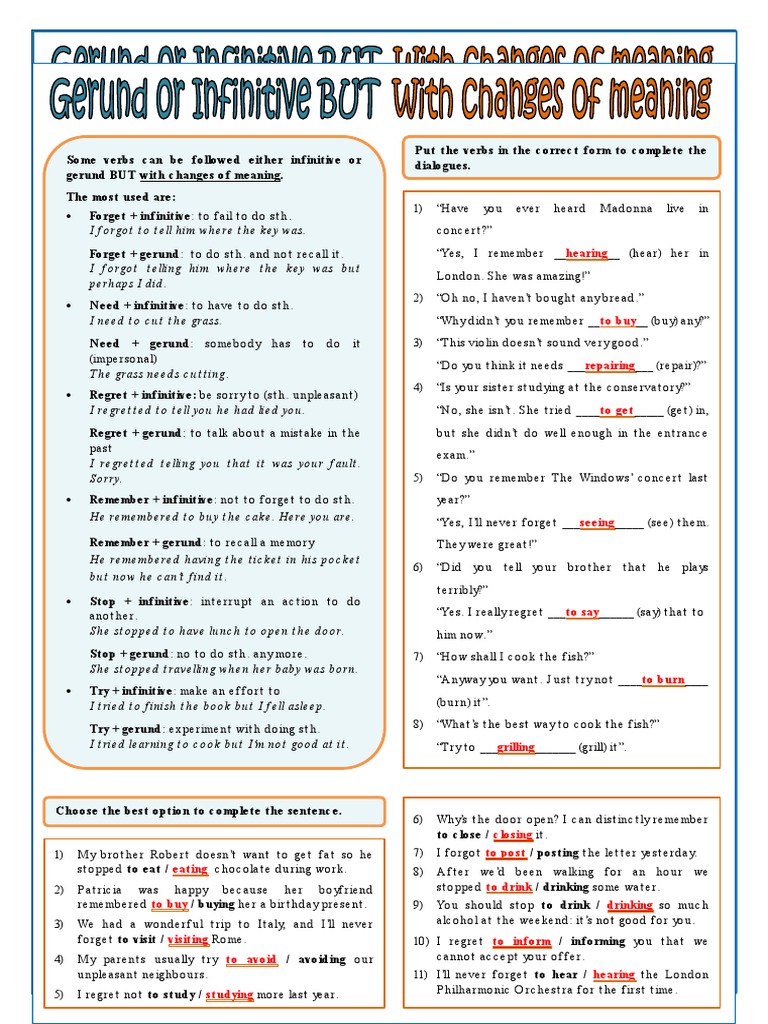 Gerund and Infinitive With Changes of Meaning | PDF