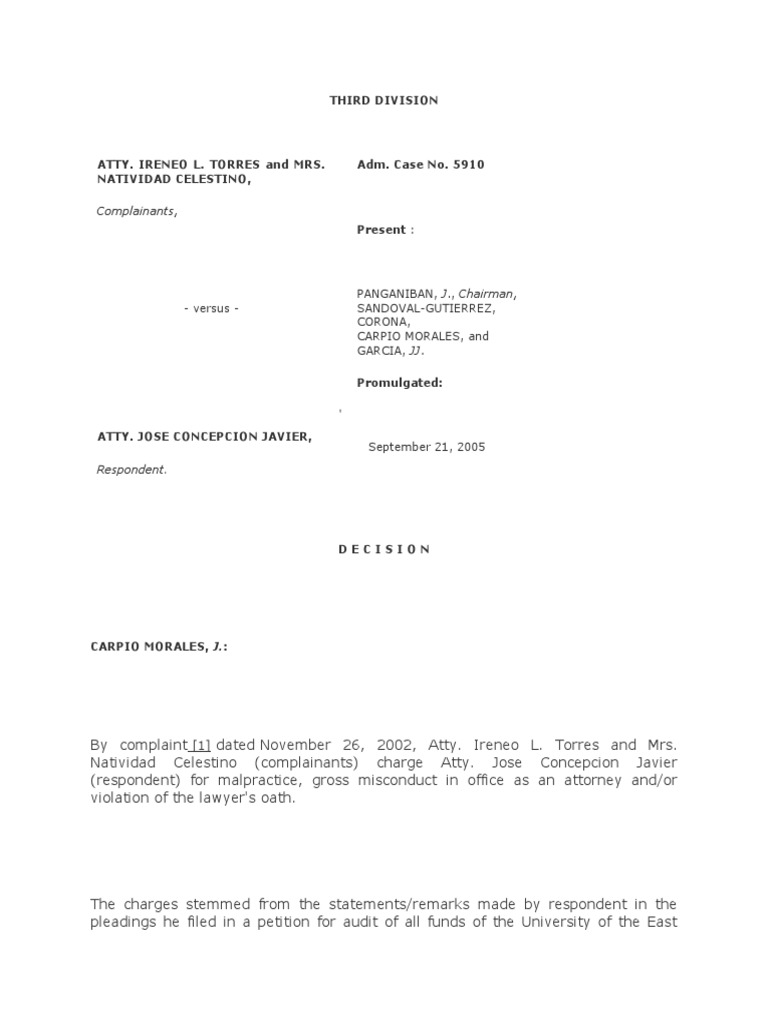 08 Torres vs. Javier, Adm. Case No. 5910, September 21, 2005 | PDF ...