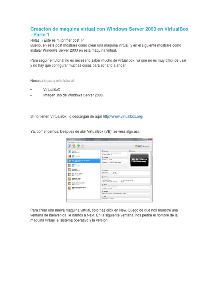 Creación de Máquina Virtual Con Windows Server 2003 en VirtualBox | PDF | Dirección IP | Ventana ...