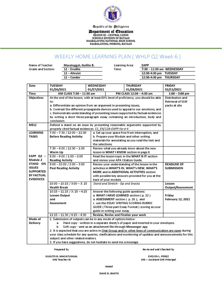 Weekly Home Learning Plan (WHLP Q2 Week 6) : Department of Education | PDF | Cognition ...