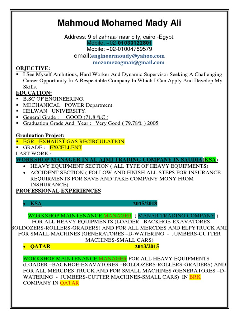 Resume of Mahmoud Mohamed Mady Ali Seeking a Challenging Career Opportunity Utilizing Over 15 ...