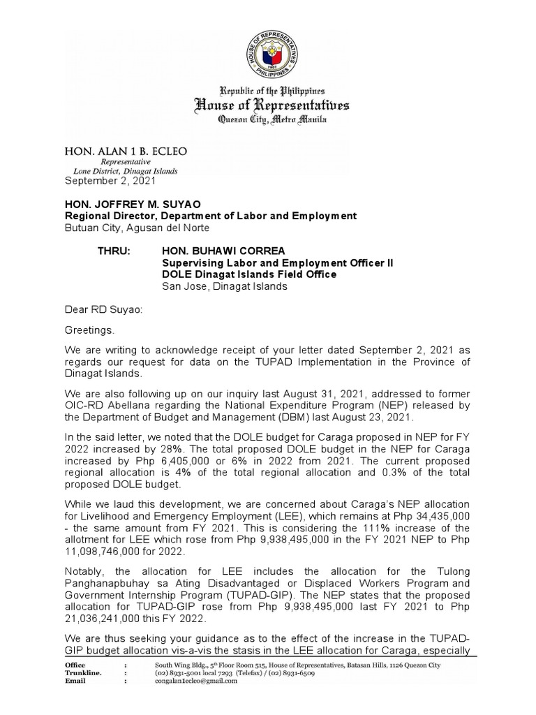 Letter To DOLE Caraga - NEP Inquiry | PDF | Economies