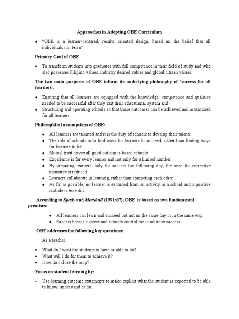 Approaches in Adopting OBE Curriculum | PDF | Curriculum | Learning