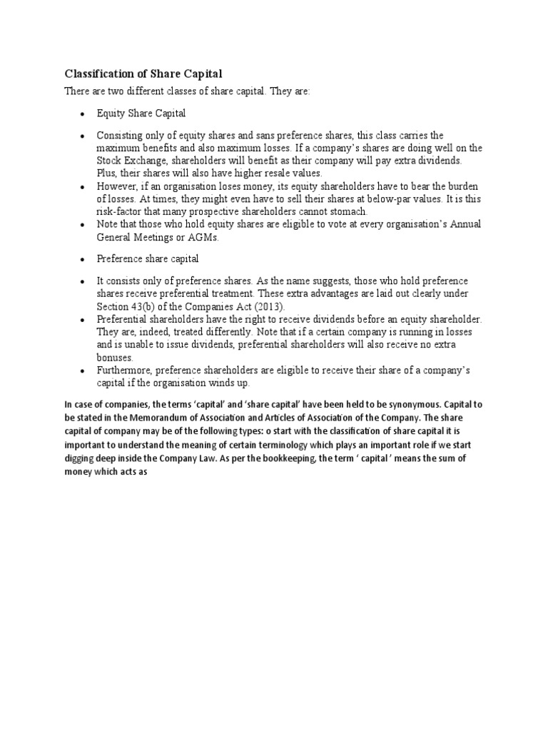 Classification of Share Capital | PDF