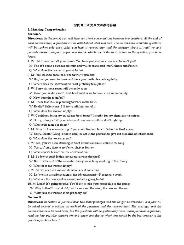 I. Listening Comprehension Section A Directions: in Section A, You Will ...