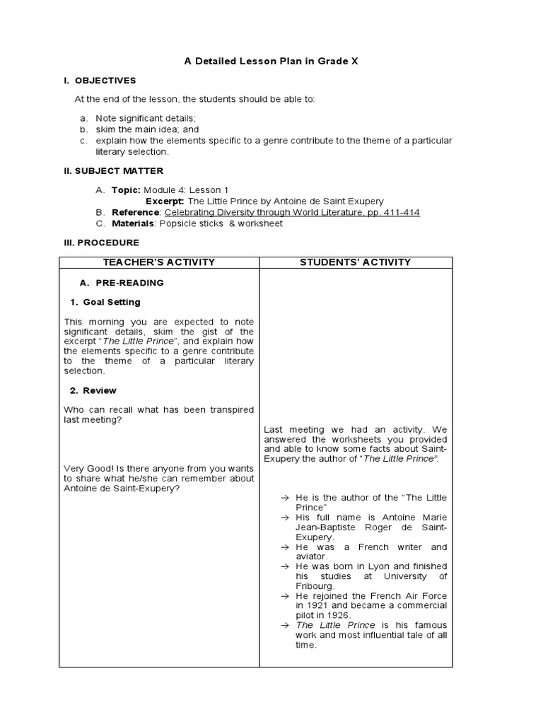 2 - The Little Prince | PDF | The Little Prince | Lesson Plan