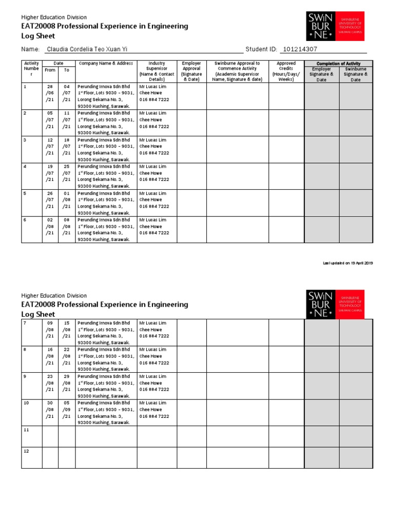 EAT20008 Professional Experience in Engineering Log Sheet: Name ...