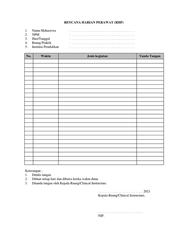 Format Rencana Harian Perawat (RHP) | PDF | Karier & Perkembangan
