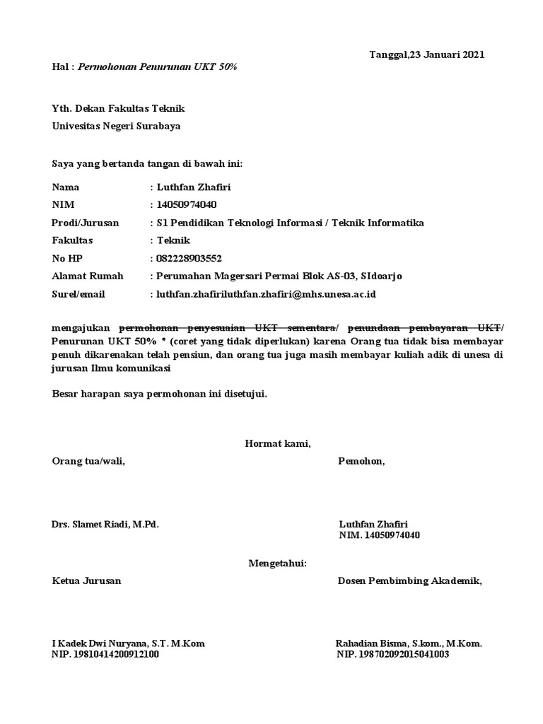 Surat Permohonan Penurunan UKT | PDF