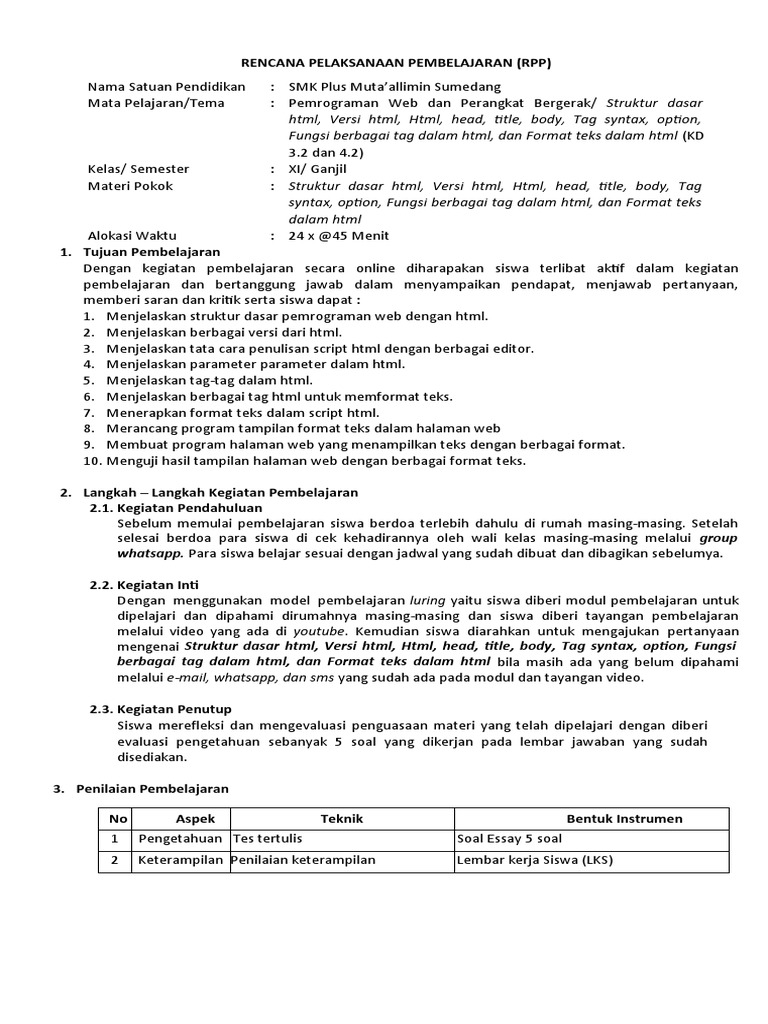 2.RPP Pemrograman Web Dan Perangkat Bergerak Kelas Xi - Semseter Ganjil | PDF