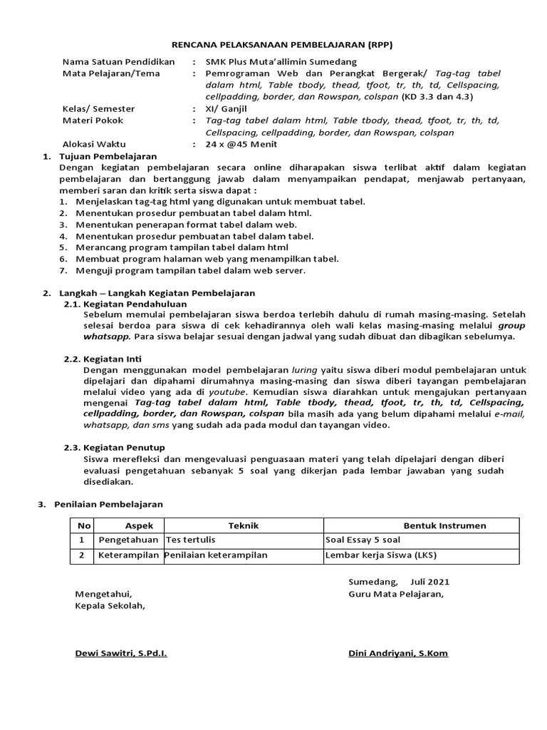 RPP Pemrograman Web SMK XI | PDF