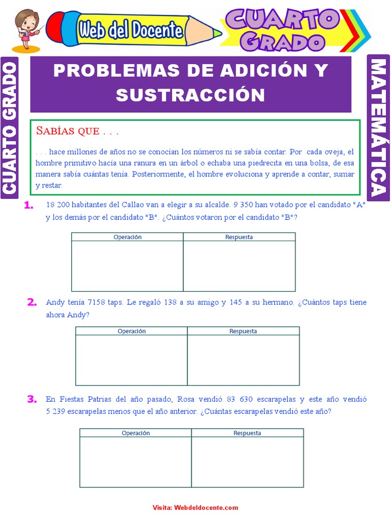 Hojas De Trabajo De Resta Para Cuarto Grado Actividades De