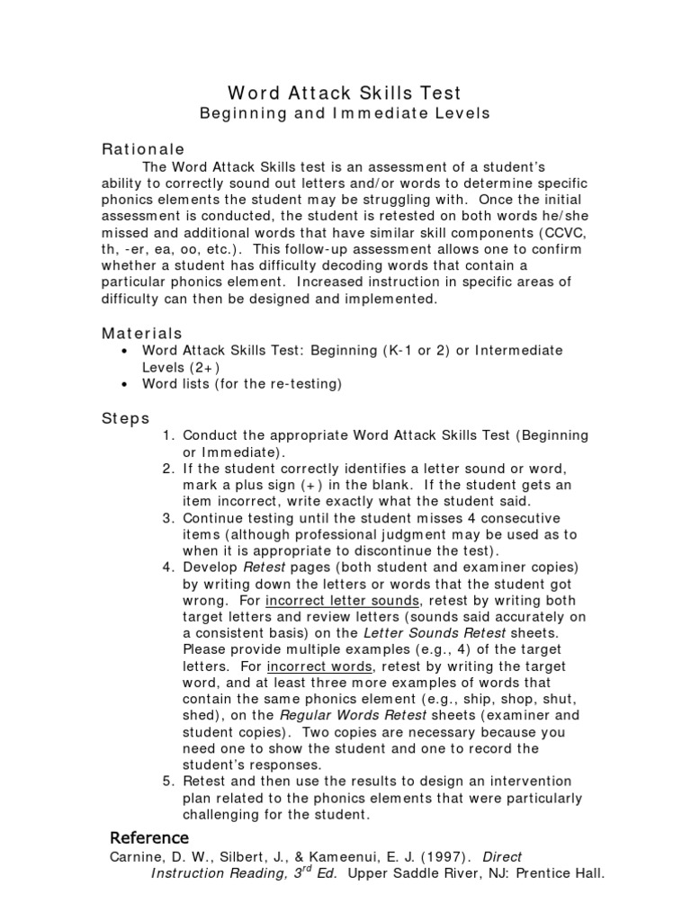 Word Attack Skills Assessment Guide | PDF | Phonics | Test (Assessment)