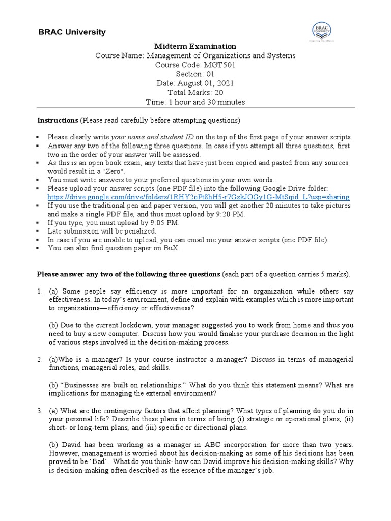 MIU - MGT501 (Sec 1) - Midterm Questions | PDF | Computer File | Decision Making