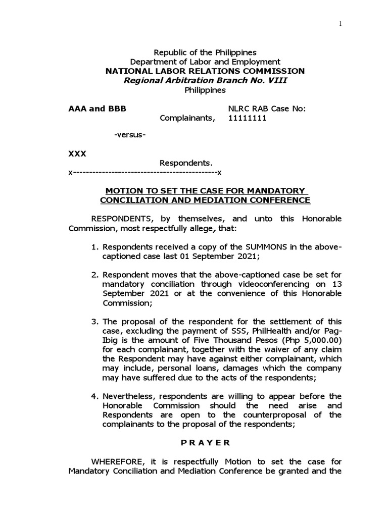Motion To Set Case For Mandatory Conciliation and Mediation Conference ...