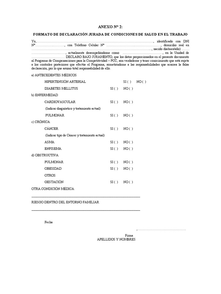 ANEXO N°2 Declaracion Jurada | PDF