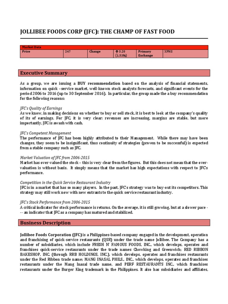 Jollibee Foods Corp: Fast Food Leader Analysis | PDF | Economies | Business