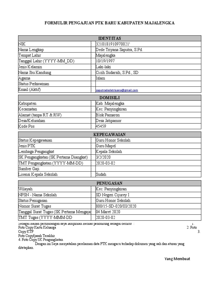 FORMULIR PTK BARU DAPODIK 2021 Dede | PDF