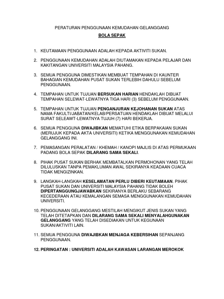 Peraturan Penggunaan Kemudahan Gelanggang Sukan UMP Pekan | PDF