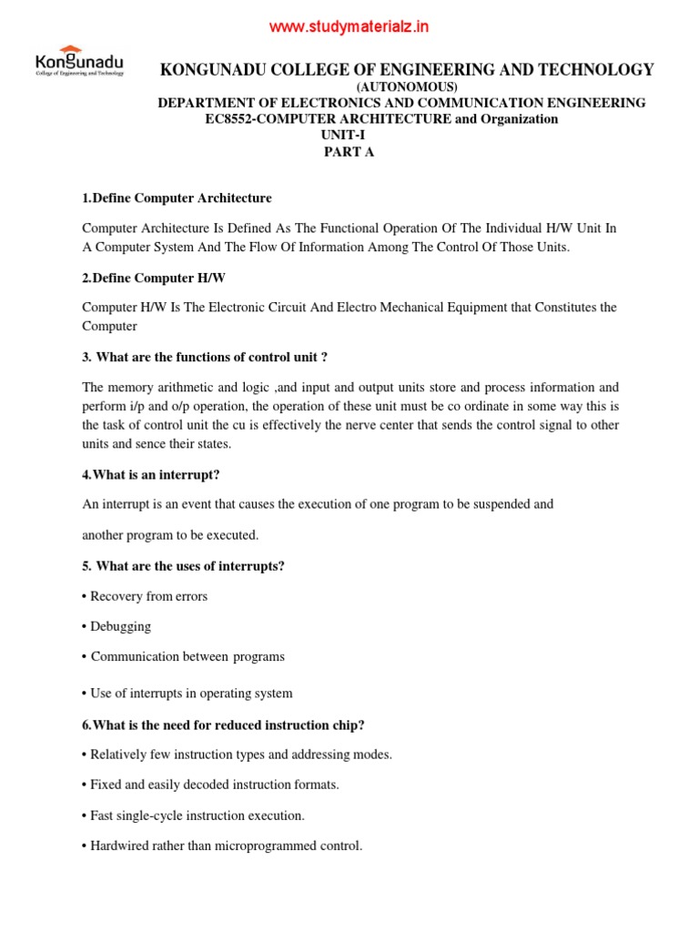 EC8552 Computer Architecture and Organization 2 M | PDF | Computer Data Storage | Input/Output