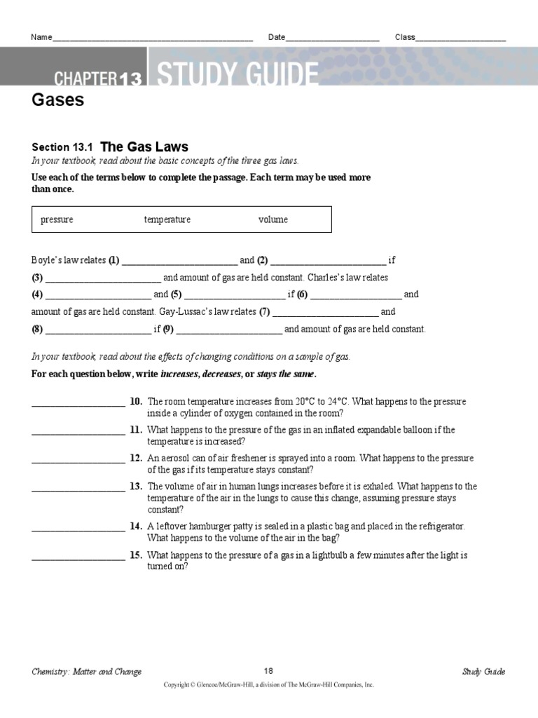 Chapter 13 Gas Laws Study Guide | PDF | Gases | Mole (Unit)