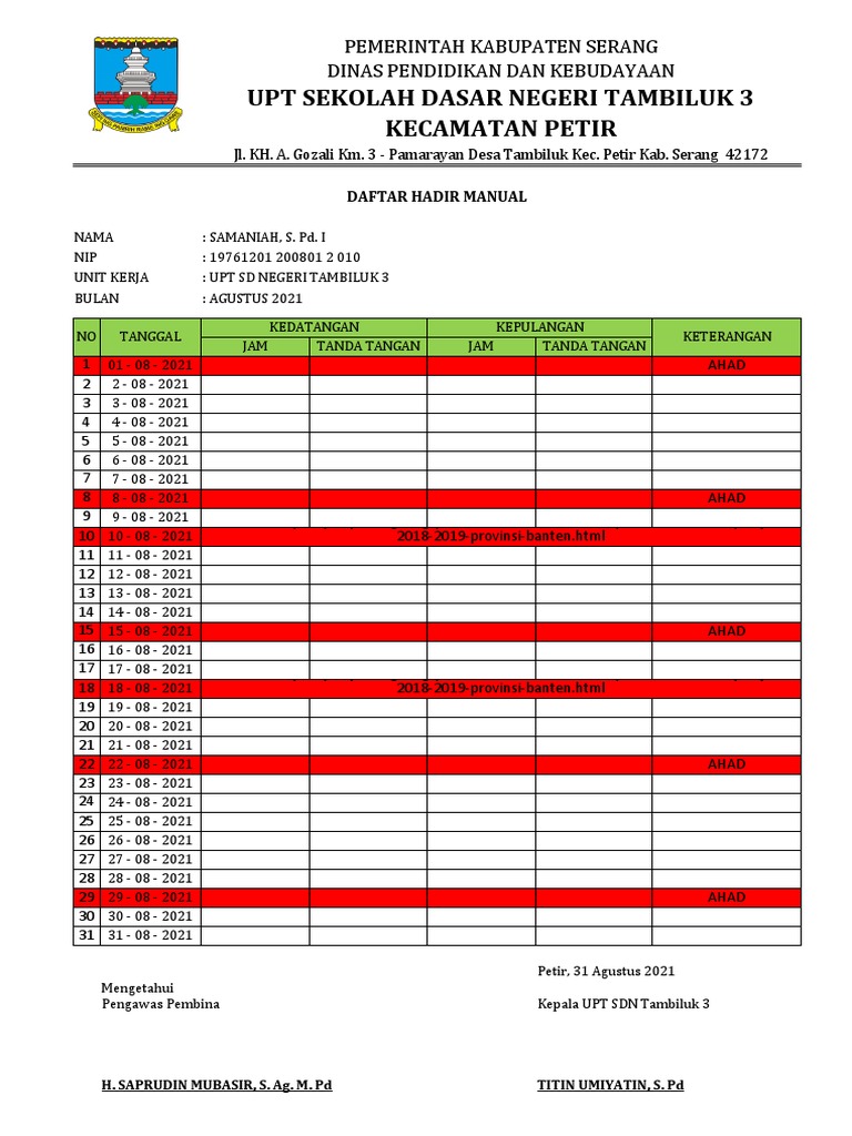 Daftar Hadir SDN Tambiluk 3 Agustus 2021 | PDF