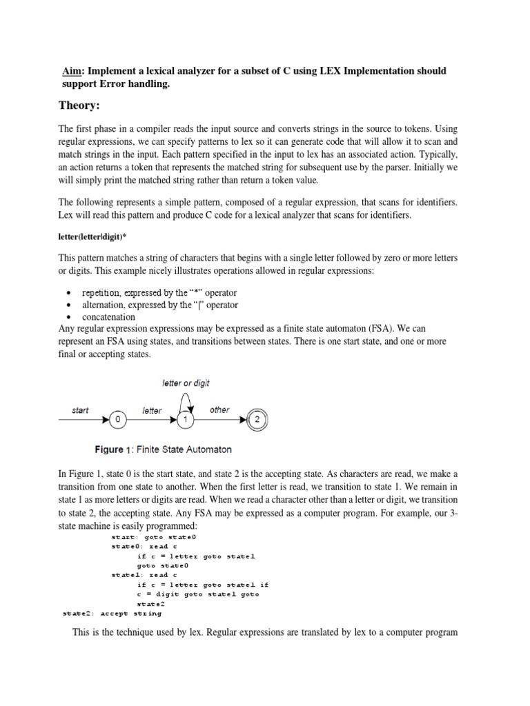 Theory:: Aim: Implement A Lexical Analyzer For A Subset of C Using LEX ... Theory:: Aim: Implement A Lexical Analyzer For A Subset of C Using LEX ...