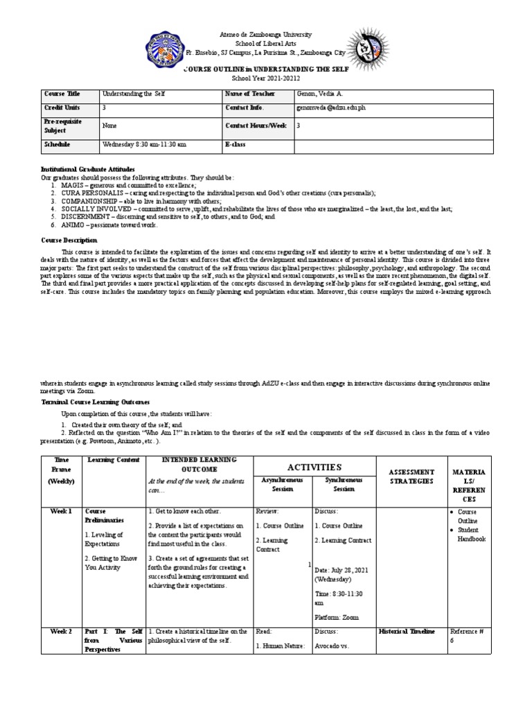 Course Outline in Understanding The Self | Download Free PDF | Self ...