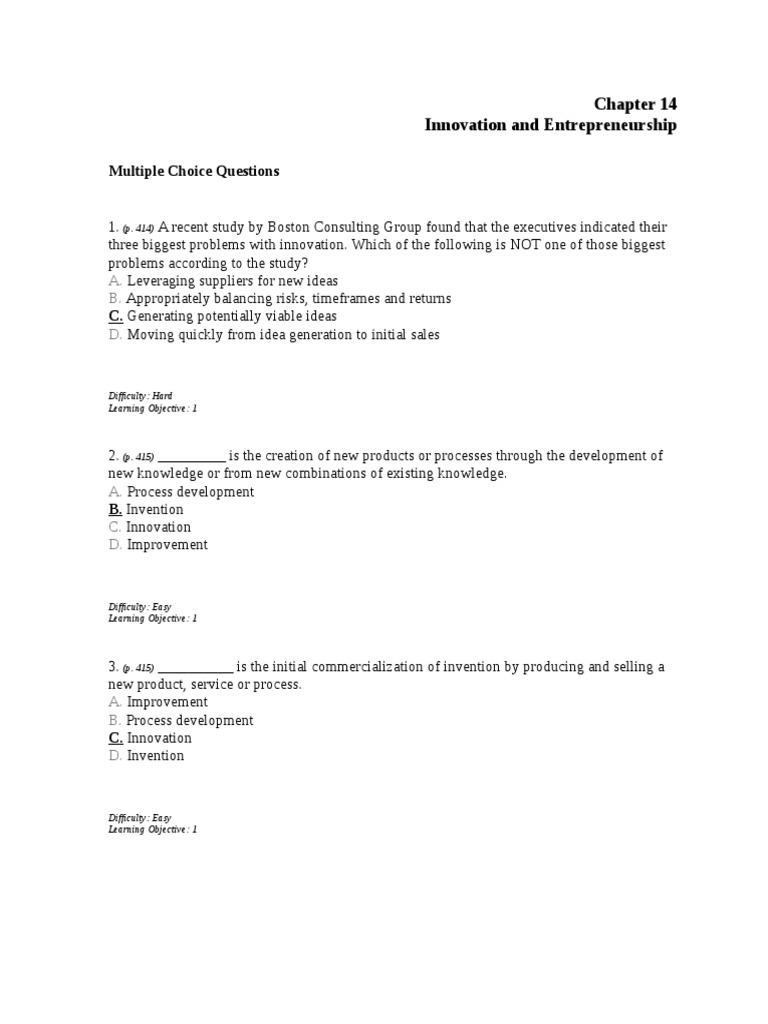 Multiple Choice Questions: Innovation and Entrepreneurship | PDF ...