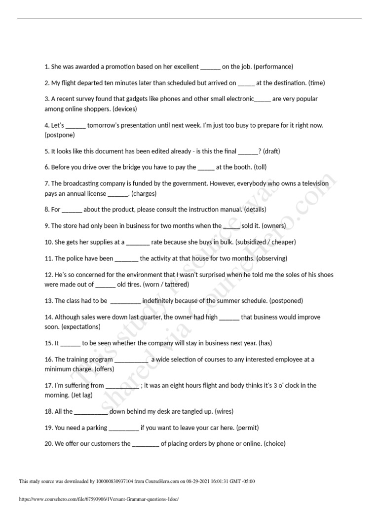 1.versant Grammar Questions 1 | PDF