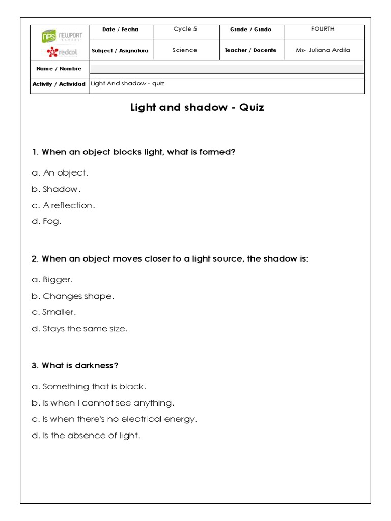 Light and Shadows - Quiz - Approved | PDF | Language Arts & Discipline