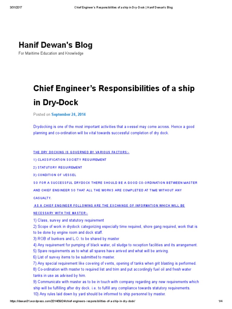 Chief Engineer Duties in Dry Dock | PDF | Shipbuilding | Water Transport