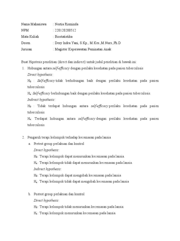 Nestia Risminda - 220120200512 (Direct and Non Direct Hypothesis) | PDF | Kesehatan Holistik ...