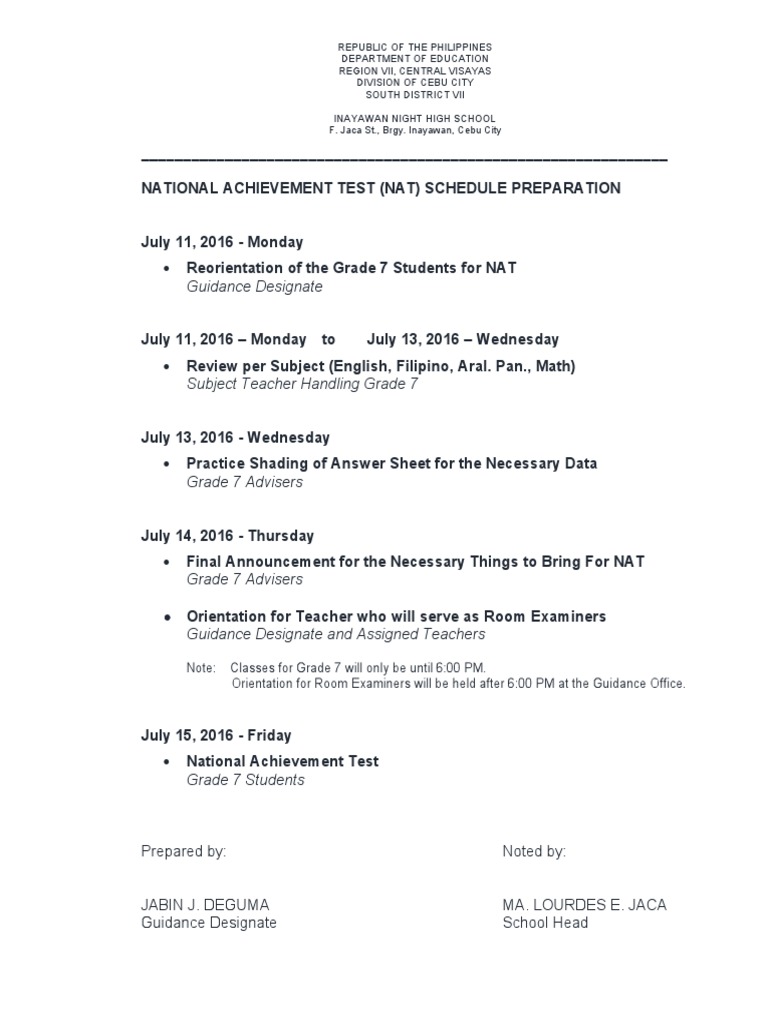 2016 NAT Schedule for Grade 7 Students | PDF
