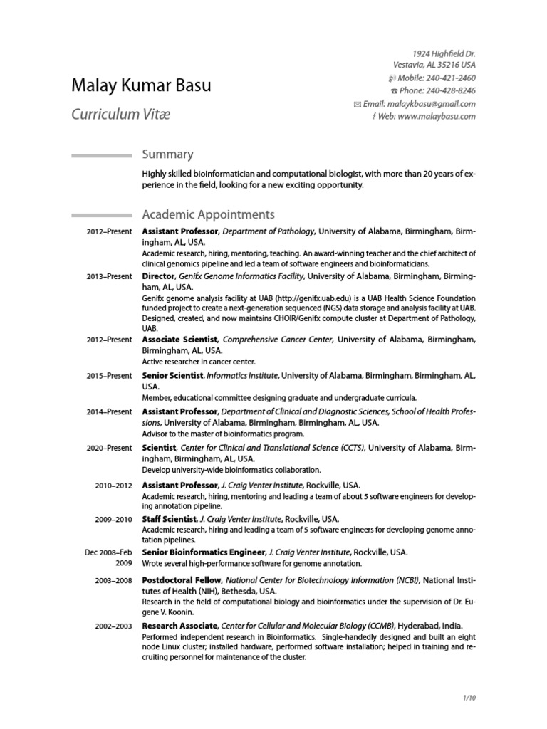 Malay Kumar Basu: Curriculum Vitæ | PDF | Bioinformatics | Mitochondrion
