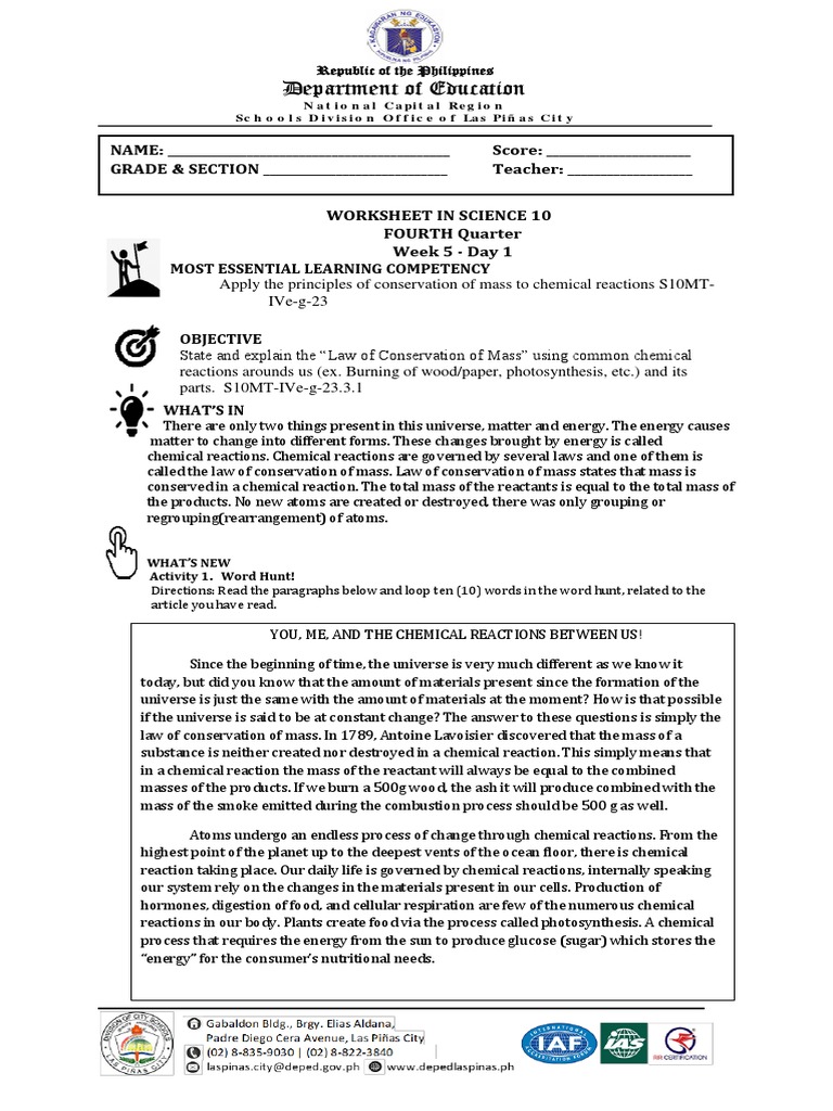 Q4-Worksheet-Week 5 | PDF | Chemical Reactions | Chemical Substances