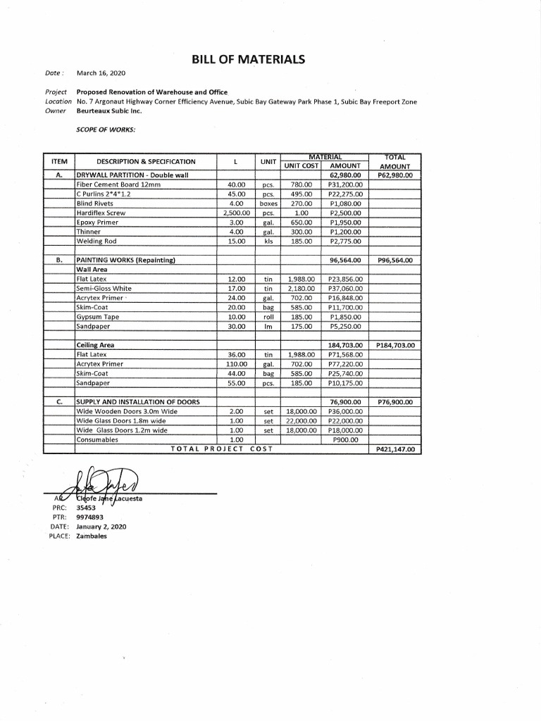 Bill of Materials Date:: Praject Owner | PDF | Civil Engineering ...
