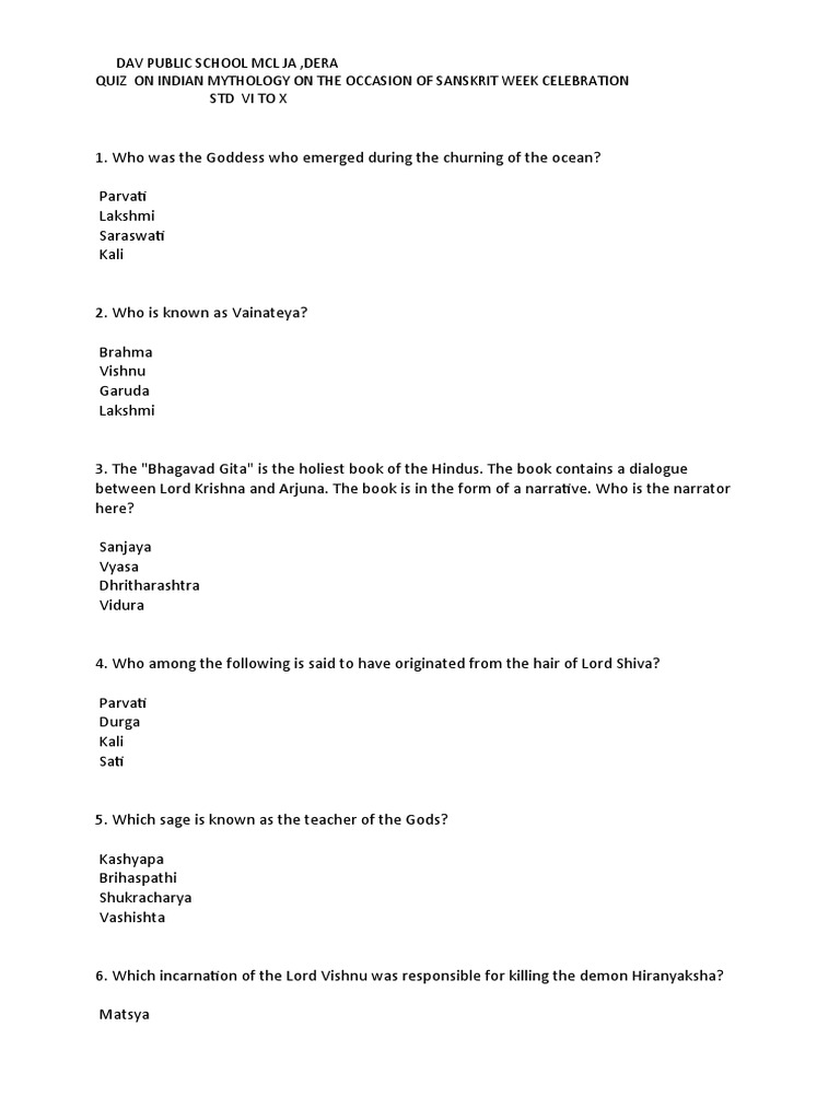 Quiz On Indian Mythology | PDF