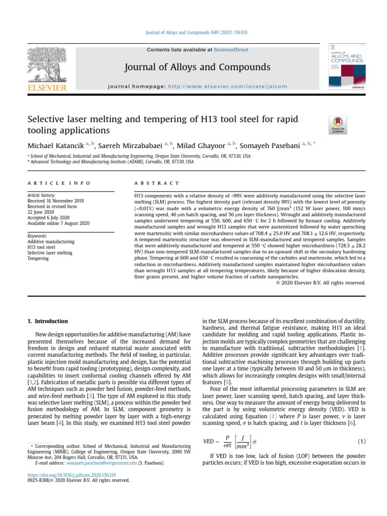 Selective Laser Melting and Tempering of H13 Tool Steel For Rapid ...
