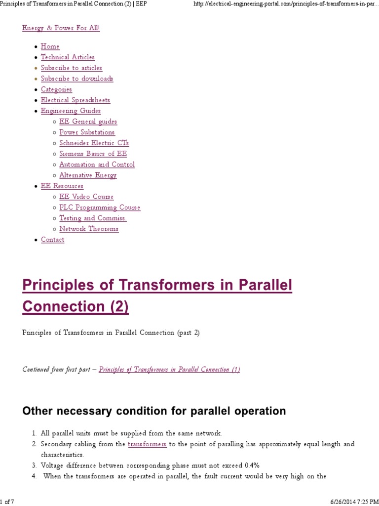 Principles of Transformers in Parallel Connection (2) - EEP | PDF ...