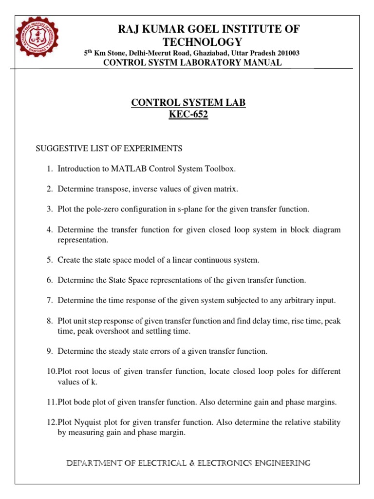 Control System Lab Manual EC Branch (KEC-652) | PDF | Matlab | Control Theory