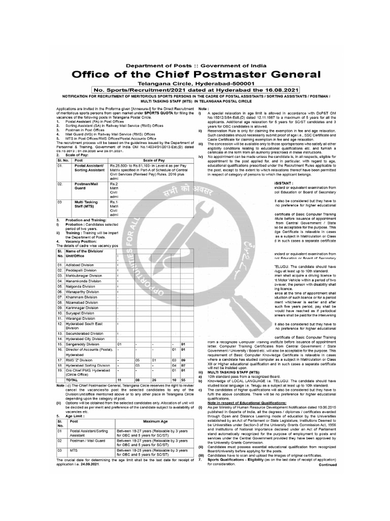 Office of The Chief Postmaster General Telangana Postal Asst Postman ...