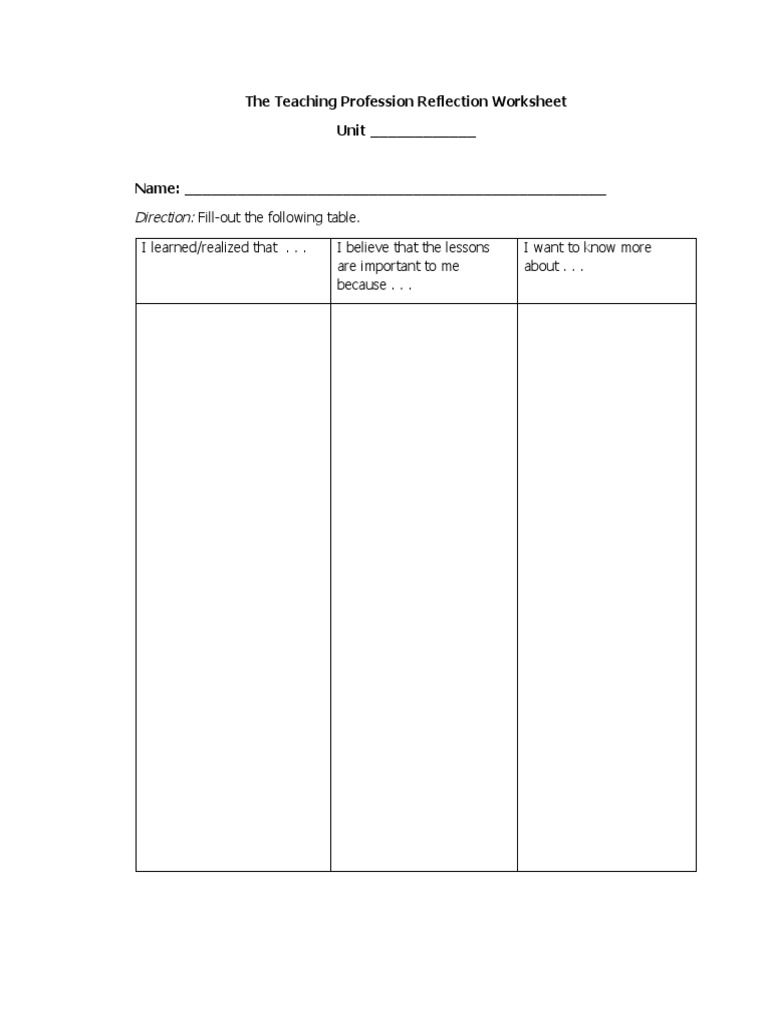 The Teaching Profession Reflection Worksheet | PDF