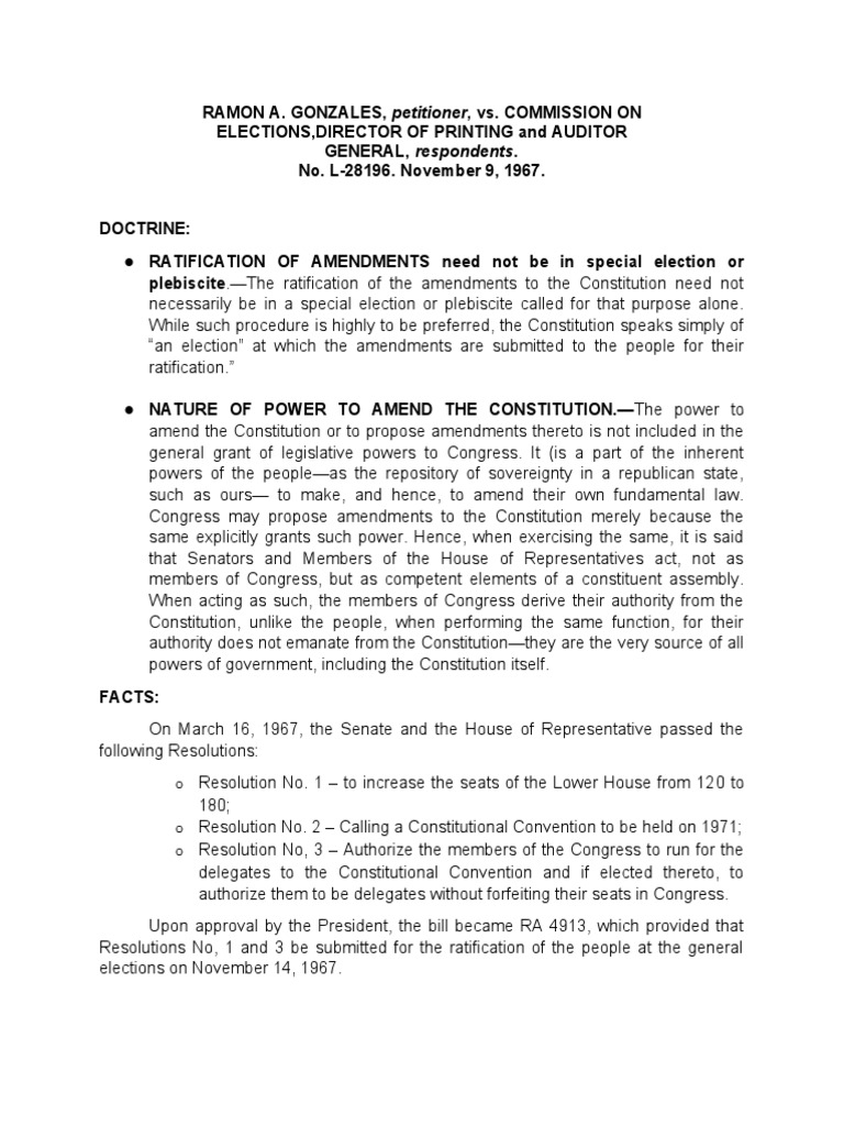 Gonzales V COMELEC | PDF | Constitutional Amendment | Ratification