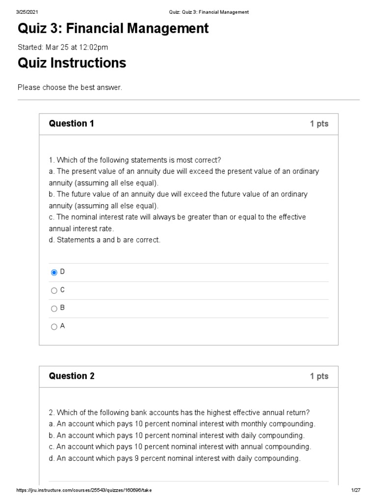 Quiz 3: Financial Management Quiz Instructions: D C B A | PDF | Present ...