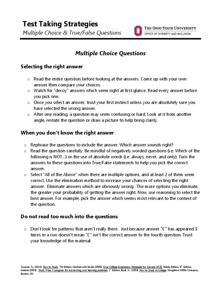 Test Taking Strategies: Multiple Choice & True/False Questions | PDF ...