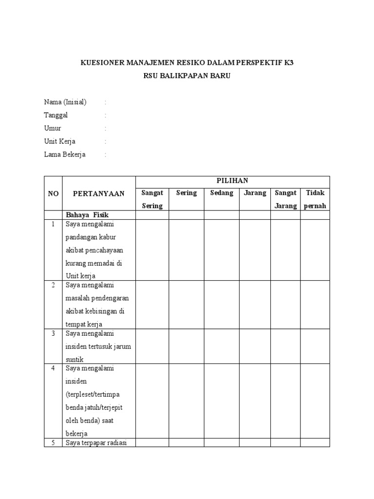 Kuesioner Manajemen Resiko K3rs Pdf